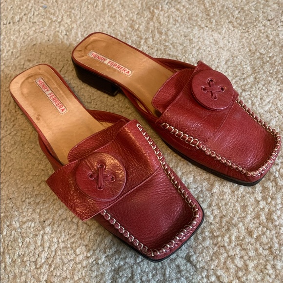 Vintage | Shoes | Vintage 7s Red Leather Kitten Heel Mules | Poshmark